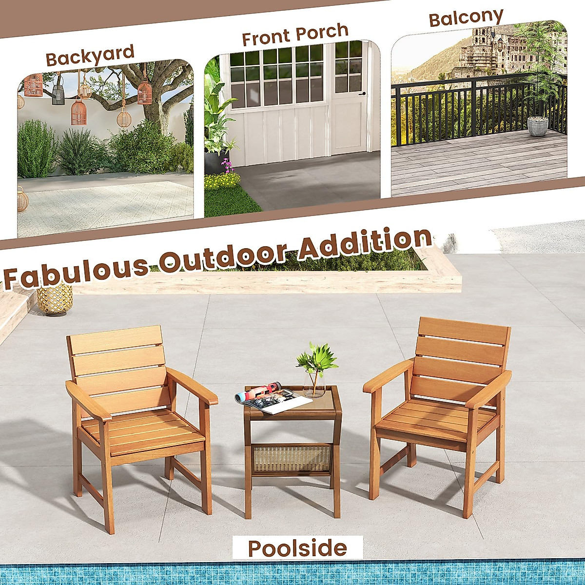 Tangkula Set of 2 Wood Patio Dining Chair, Wood Dining Armchairs with Breathable Slatted Seat & Inclined Backrest, Ergonomic Outdoor Chairs for Backyard, Balcony, Garden