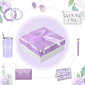 Sieral 9 Pcs Flower Girl Proposal Gifts Set Personalized Flower Girl Tumbler with Straw Bride Gift Box Canvas Bag Sunglasses Hair Ring Diamond Pen Envelope Bride Gift for Wedding(Purple,Retro)