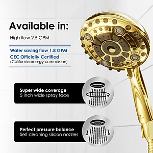 Aquarius Mist Handheld Gold Shower Head With Hose (Extra Long) Spa Grade High Pressure Hand Held Showerhead Wand With 6 Spray Settings – Adjustable Mount Holder & Teflon Tape - Polished Brass