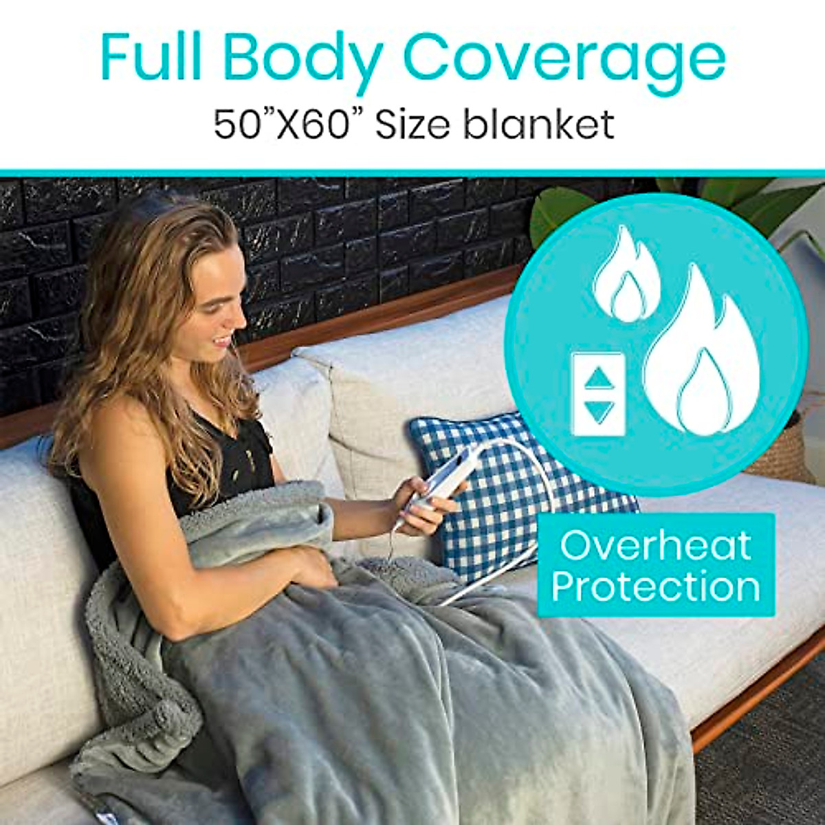 Vive Heated Electric Throw Blanket - 50 X 60 Dark Grey Soft Cozy Throw Blanket - Reversible, Portable - Fast Heating for Couch, Bed, Living Room - Ideal for Men, Women, Adults & Kids