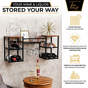 Wine Bottle and Glass Holder - Wine Rack Wall Mounted - Table Top Wine Glass Rack - Hanging Wall Mount Wine Rack Shelf - Wine Bottle Holder Stand Countertop - Small Wall Wine Racks for Wine Bottles