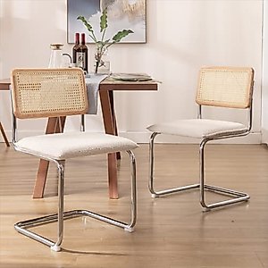 ONEVOG Rattan Dining Chairs with Cane Backrest, Upholstered Comfy Sturdy Side Chair for Leisure, Bedroom, Kitchen, Living Room, Enterway, Set of 2 (Beige)