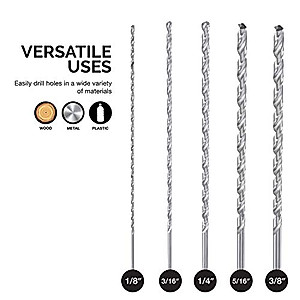 NEIKO 10047A Extra Long Drill Bit Set | 5-Piece | M2 HSS Steel | 12-Inch Length | 1/8, 3/16, 1/4, 5/16, and 3/8-Inch