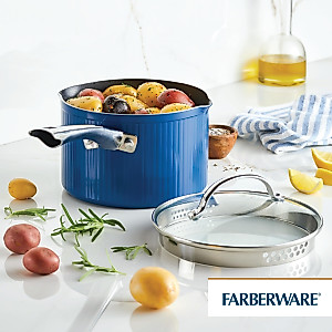Farberware Style Nonstick Cookware Straining Saucepan with Lid, 3 Quart, Blue