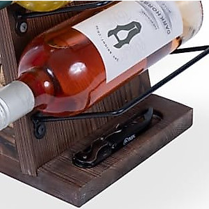 Rustic State Rueda Tabletop Wine Rack for 4 Bottles with 2 Stemware Glass Holder and Cork Storage Countertop Tray Freestanding Bar Organizer, Walnut