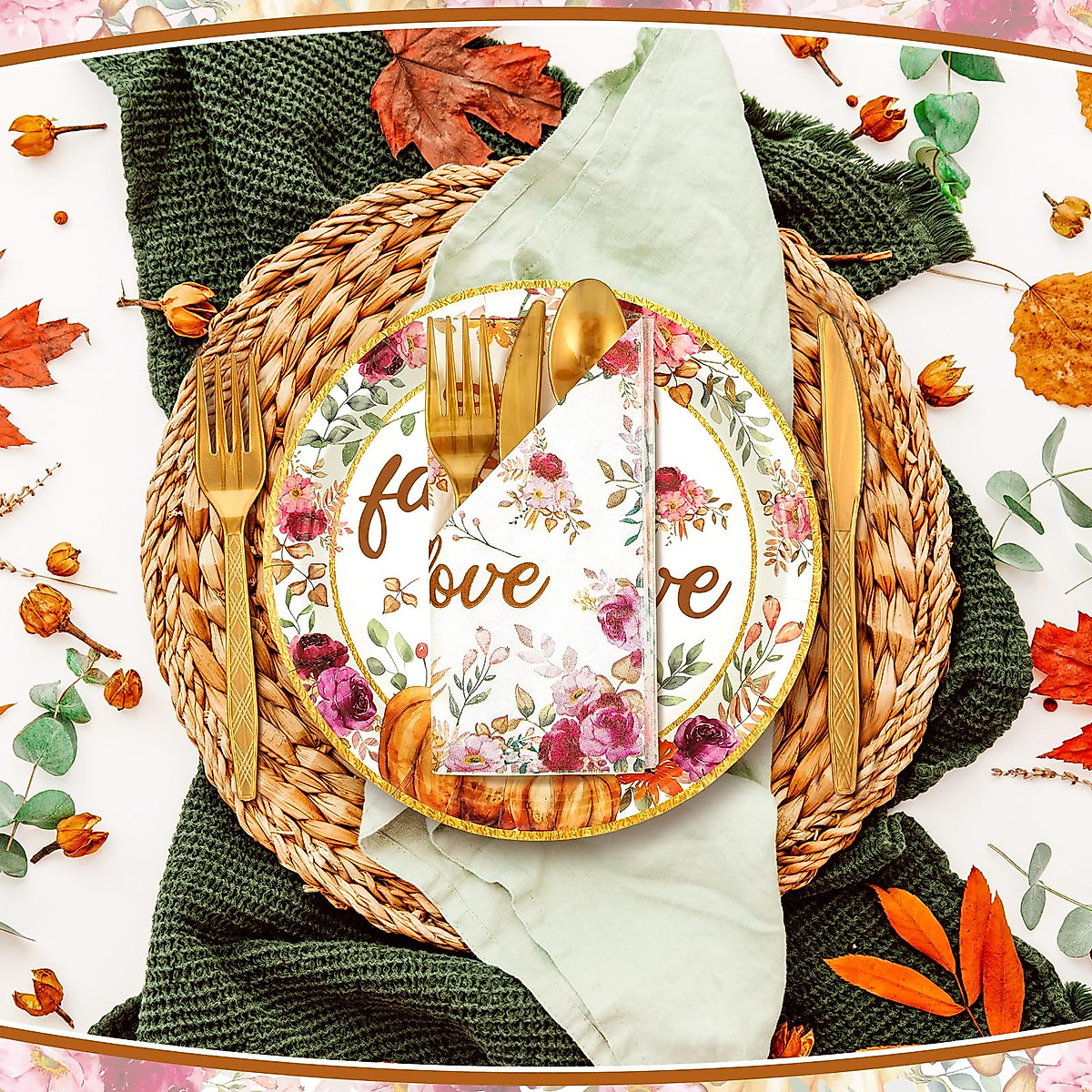 Tanlade 193 Pcs Fall in Love Bridal Shower Decorations Include 24 Dinner Plate 24 Dessert Plates 24 Pumpkin Napkin 24 Pcs 9 oz Cup 24 Cutlery 24 Straw Banner for Wedding Anniversary Engagement Party