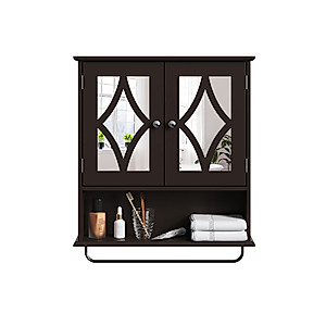 May in Color Bathroom Medicine Cabinet with Mirror, Vanity Wall Mounted Storage Cabinet with Adjustable Shelves and Towel Bar, Hanging Wall Cabinet for Bathroom, Laundry, Living Room, Brown