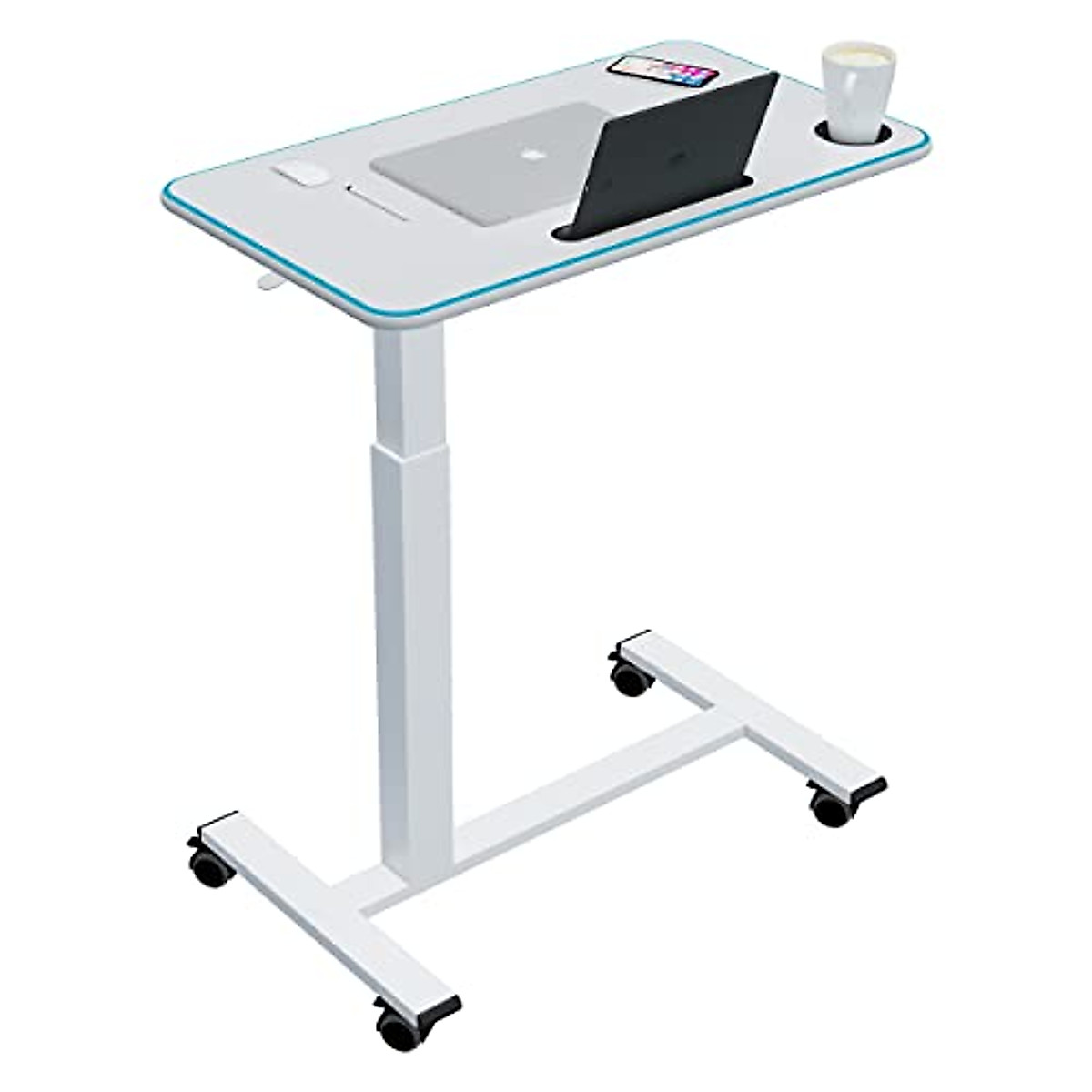 HITACTS Upgrade Multifunctional Height Adjustable Overbed Table with iPad Slot, Cup Holder, Lockable Wheels, Adjustable Overbed Bedside Table, Mobile Standing Desk Laptop Desk, Height 29"-44"