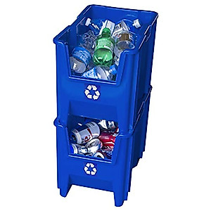 READYSPACE Commercial Industrial Heavy Duty Stackable Open-Front Recycling Bin Box Containers, 7 Gallon, 4 Pack, Blue