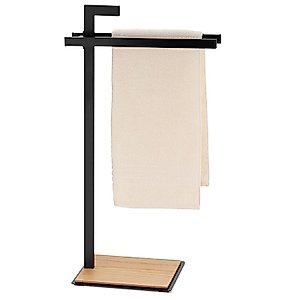 kela Free Standing Towel Rack Stand for Bath and Hand Towels - Sturdy by Weight - Elegant by Design - Black Matte Metal with Oak Wood Base