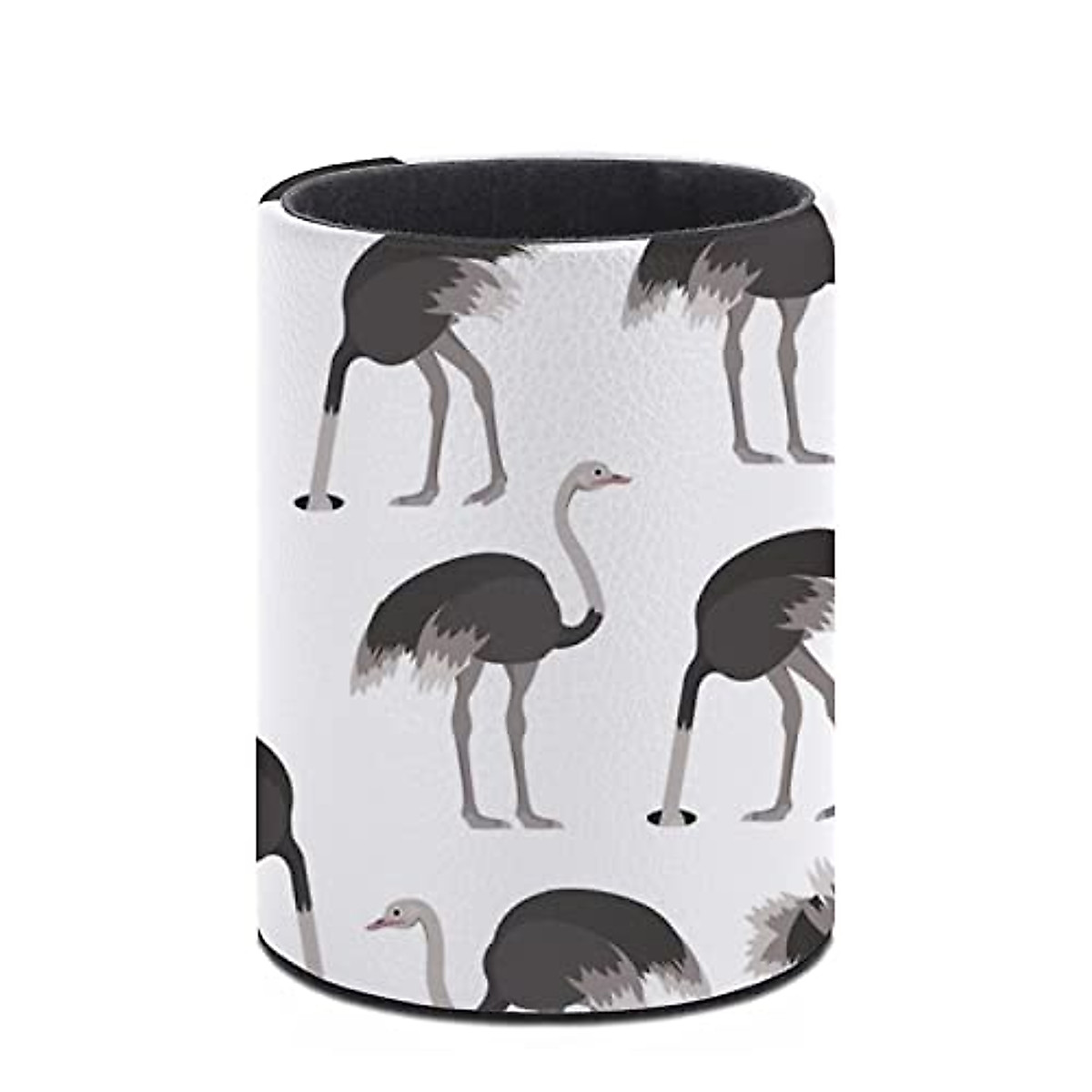 Cartoon Ostrich Bird Round PU Leather Pen Holder Desk Organizer Storage Container Pencil Container Brush Scissor Box