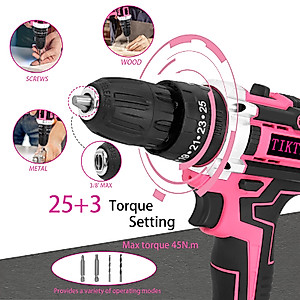 TIKTIK Pink Cordless Drill Set,21V Cordless Power Drill Tool Box with Battery and Charger,Torque 45N,3/8-Inch Keyless Chuck,25+3 Position and Drill Bits,Electric Screwdriver Driver Tool Kit for Women