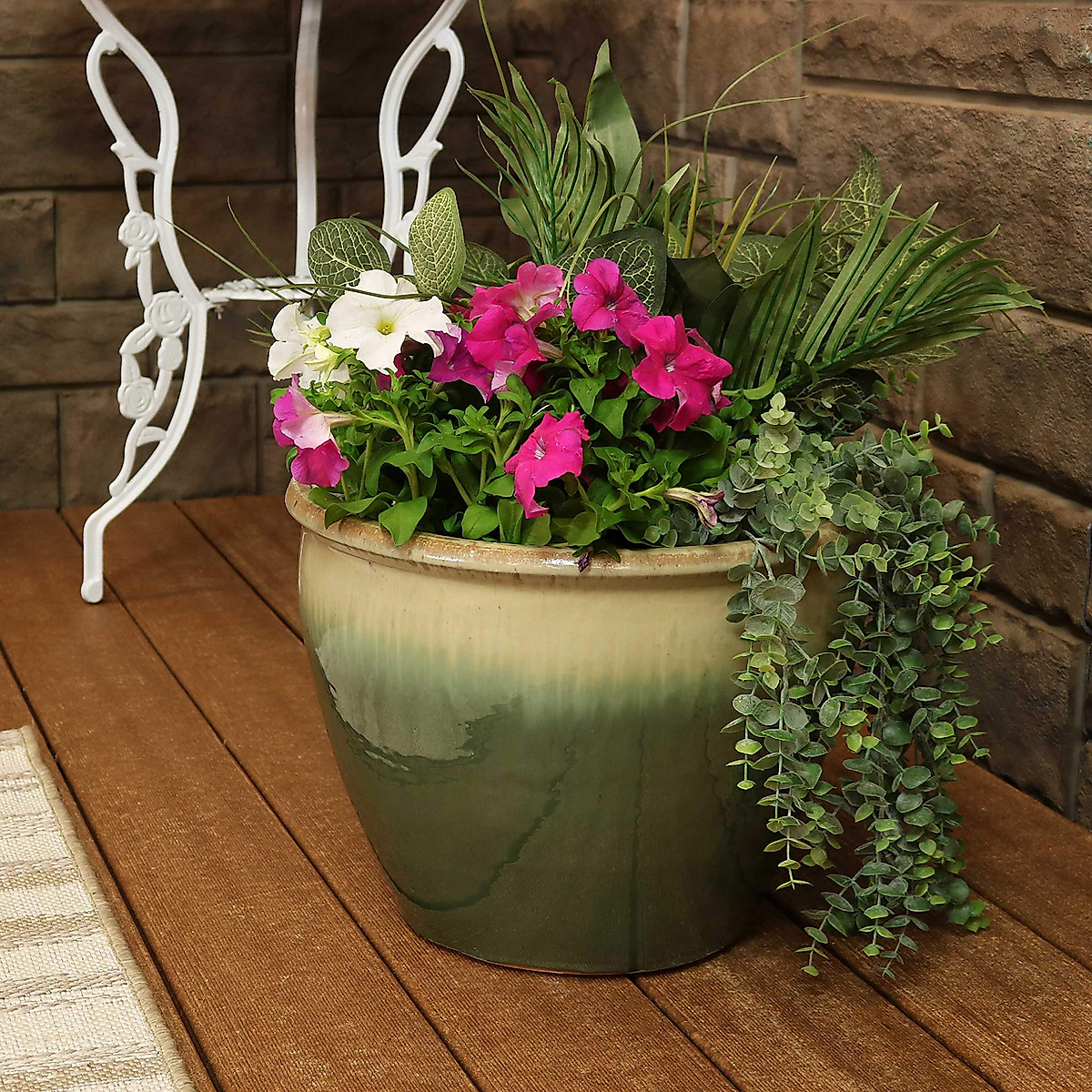 Sunnydaze Large Ceramic Planter - Indoor or Outdoor Plant Pot with Drainage Holes - Seafoam Glaze Finish - 15" - Chalet