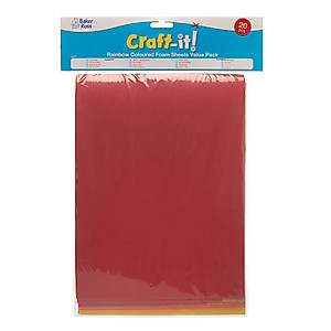 Baker Ross AX949 Rainbow Colored Foam Sheets - Pack of 20, Colored Art Supplies for Kids Craft Making Activities