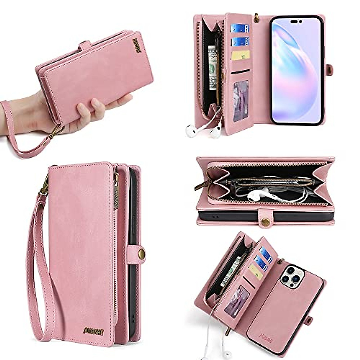 W WINTMING Compatible with iPhone 14 Pro Wallet Case with Card Holder,Leather Zipper Wallet Magnetic Buckle Case, RFID Blocking, with Wrist Strap Classic Leather Folio Phone Case (iPhone 14 Pro,Pink)