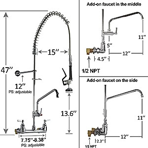 YG Commercial Sink Kitchen Faucet Pull Down Pre-rinse Sprayer 8'' Center Wall Mount 47'' Height with add-on Swing Spout , Chrome Finished