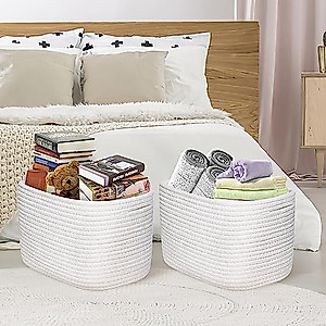 Andhuhu Storage Basket Set of 3, Soft Woven Basket 13"x8.66"x7.87", Blanket Basket Living Room Towel Basket, Cotton Rope Basket With Handles, Cloth Storage Bins for Organizing Nursery Toys, White