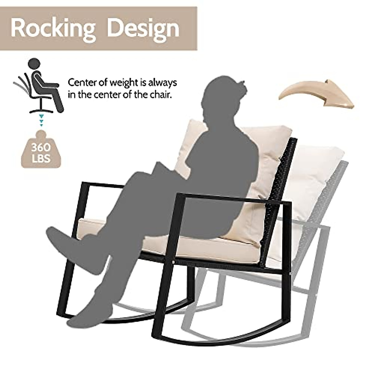 IJIALIFE 3 Piece Rocking Bistro Set, Patio Wicker Rocking Chair, Outdoor Rattan Rocker Chair with Glass Coffee Table, Wicker Rocker Chair for Garden, Porch, Backyard (Beige)