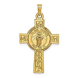 Solid 14k Yellow Gold Cross Catholic Patron Saint Jude Medal Pendant Charm - 37mm x 21mm