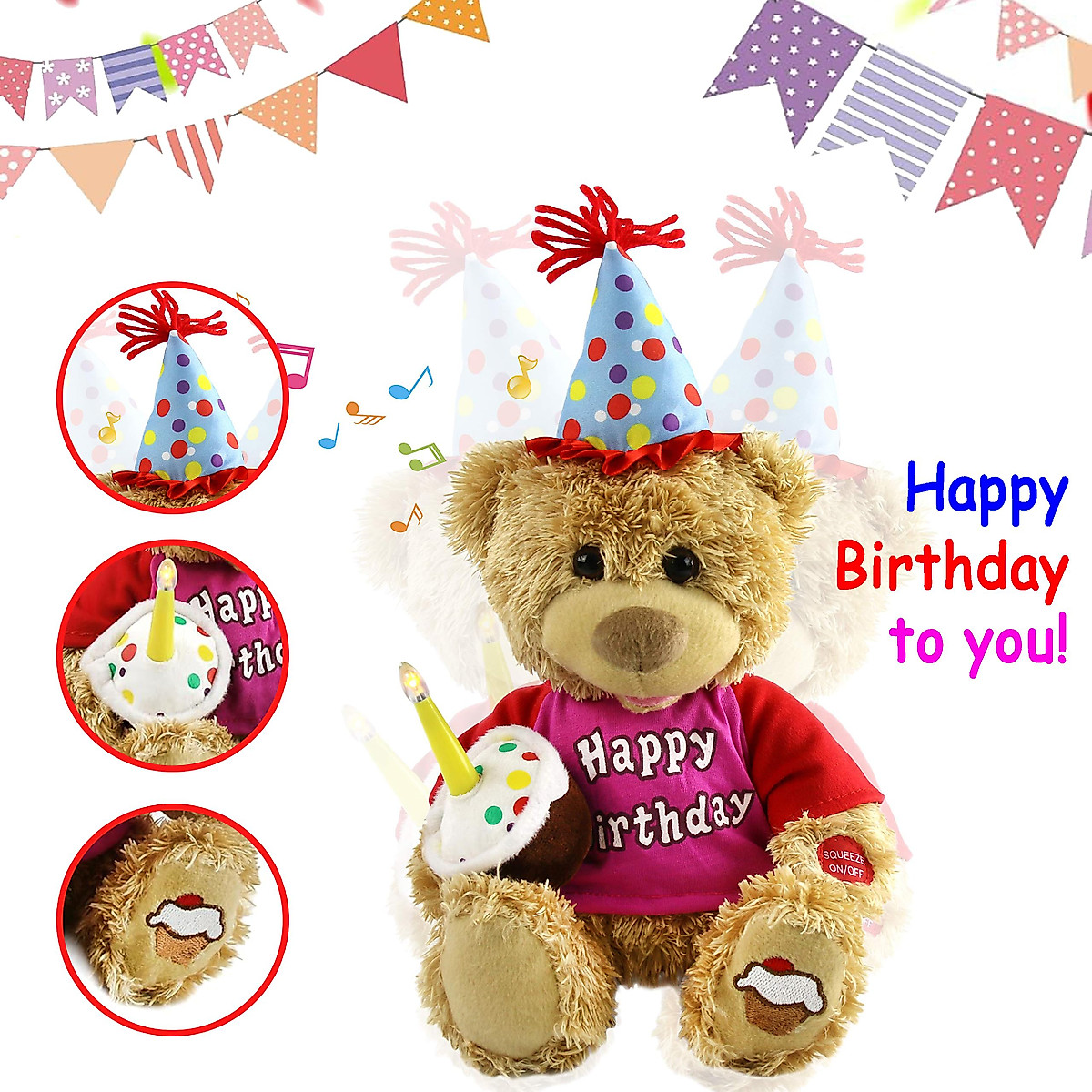 Houwsbaby 13.5'' Birthday Teddy Bear Interactive Stuffed Animal Electric Singing Musical Plush Toy with Cupcake, Glow Candle Teddy Bear Presents for Kids Girls Boys Birthday Holiday