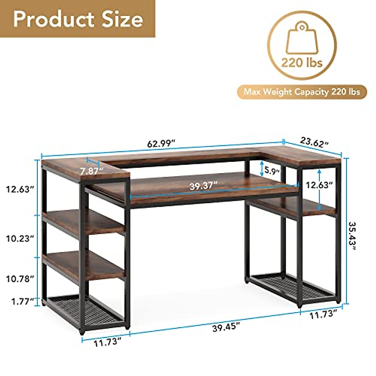 Tribesigns 63 Inches Computer Desk with Open Storage Shelves, Large Office Desk with Monitor Shelf & CPU Stand, Study Writing Table Workstation with Printer Stand for Home Office(Brown)