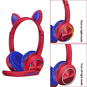 Wireless Gaming Headset with Cute Cat Ears, Comfortable Adjustable Headband Bluetooth 5.0 Headset with Mic, LED Light for Girls, Women (Pink)