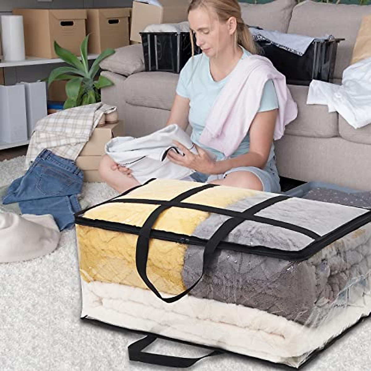 Fixwal 4pcs Clear Blanket Storage Bags, Pillow Storage, 110l Extra Large Totes for Storage with Zipper&Handles, Oversized Moving Bags, Clothes, Comforters and Pillows, Moving Supplies