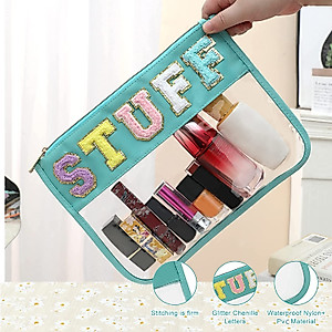 BCRMPT Chenille Letter Bag Clear Flat Pouch,Multi-purpose PVC&Nylon Clear Cosmetic Bags,Travel Makeup Bag With Zipper For Women,Clear Pouches for Travel,Gym,Beach (Green-Stuff)