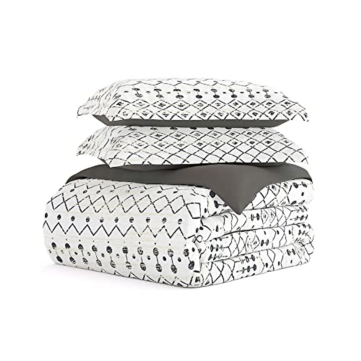 Merit Linens Pattern and Pinch Pleat Queen Duvet Cover Set | Soft, Light Weight, and Breathable 3 Piece Gray Duvet Set | Zipper Closure, Corner Ties, 2 Matching Shams