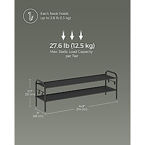 SONGMICS Shoe Rack, 2 Tier Shoe Organizer, Fabric Shoe Shelf Storage with 4 Hooks, Holds up to 12 Pairs of Shoes, Height-Adjustable Shoe Rack for Entryway, Hallway, Closet, Easy Assembly, Ink Black