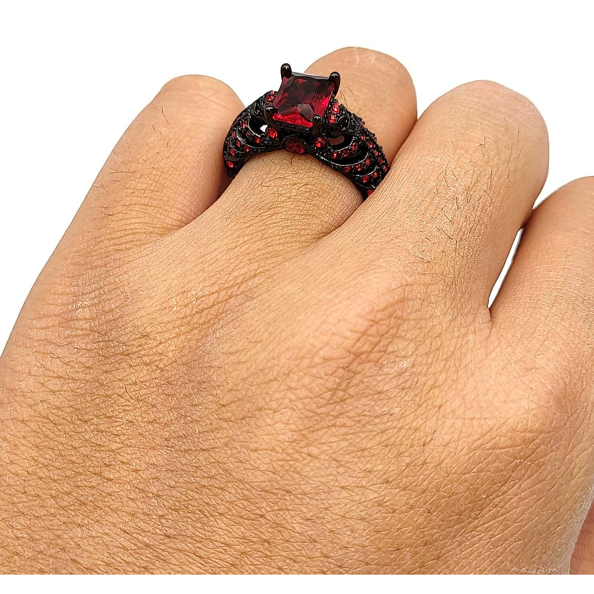 Ringcrown Couple Rings Matching Ring Black Skull Ring Red CZ Womens Wedding Ring Punk Ring