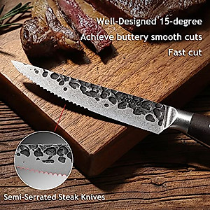 KONOLL Steak Knives Set of 6 Steaks Knife Serrated Blade Forged Handmade German High Carbon Steel with Full Tang Wood Handle
