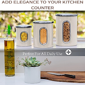Moss & Stone 3 Piece Beige Canisters Sets For The Kitchen, Kitchen Jars With See Window, Airtight Coffee Container Tea Organizer & Sugar Canister, Kitchen Canisters Set of 3 Beige Kitchen Decor