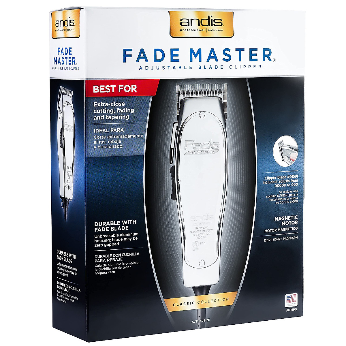 Andis Professional Fade Master Hair Clipper with Adjustable Fade Blade with a Andis Master Dual Magnet 5-Comb Set with a BeauWis Blade Brush