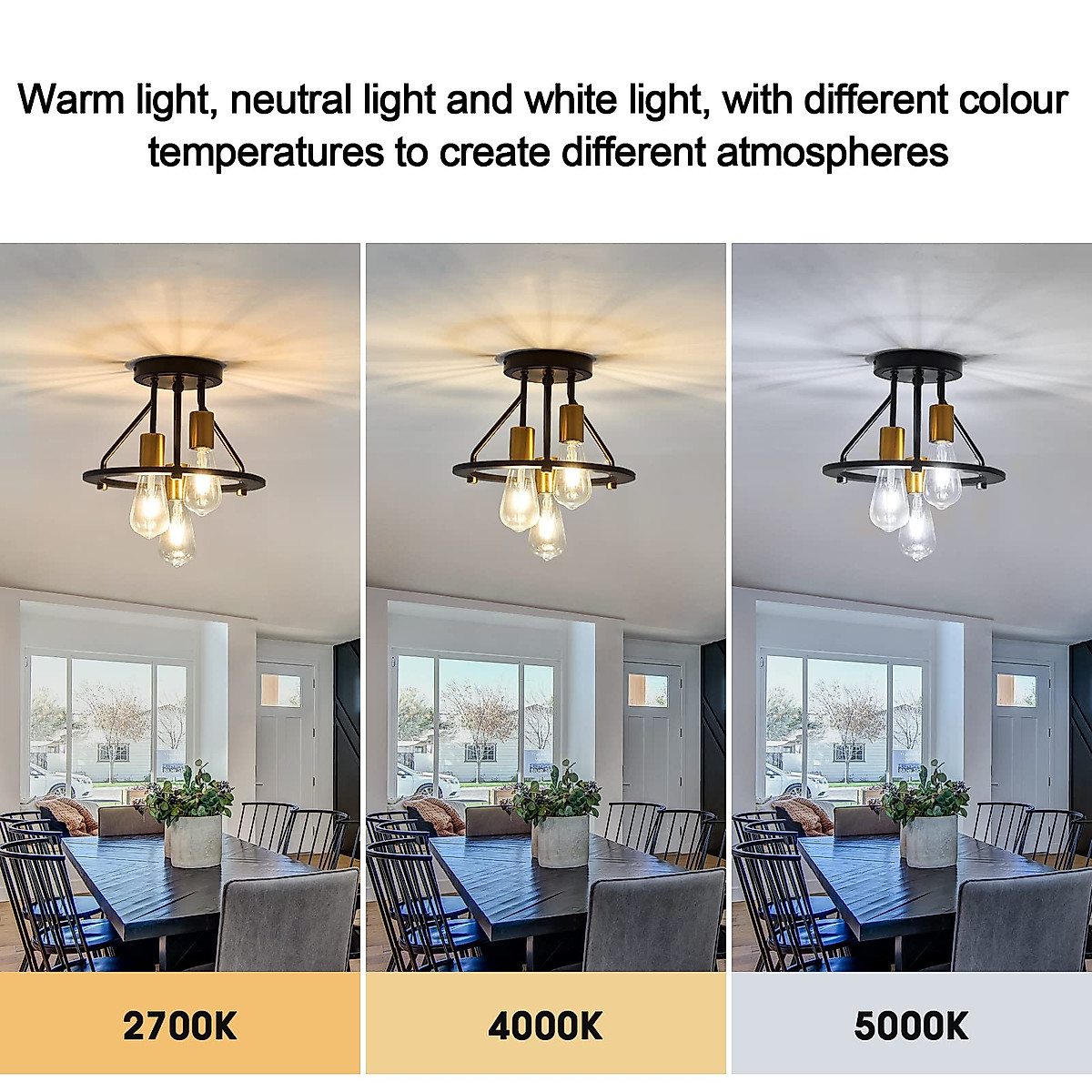 Qgiytp Industrial Semi Flush Mount Ceiling Light Fixture 3-Light Matte Black and Gold Chandelier E26 Farmhouse Ceiling Lamp for Entryway Hallway Bedroom Passway Balcony