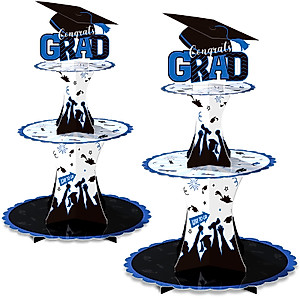 Nuenen 2 Pieces Graduation Cupcake Stand 3 Tier Black Graduation Cupcake Holder 2024 Congrats Grad Cupcake Holder Dessert Tower for Graduation Party Decorations Supplies Favors (Blue)