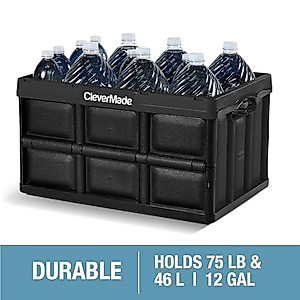 CleverMade Collapsible Storage Bin, Black, 3PK - 46L (12 Gal) Stackable Storage Containers, Holds 66lbs Per Bin - Plastic Storage Bins for Organizing, Closet Storage, Garage Storage