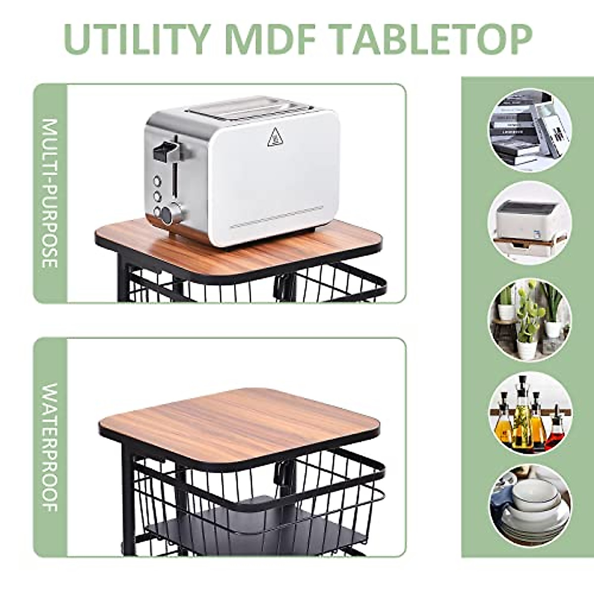 TOOLF Fruit Vegetable Basket, Rotating Storage Shelf, 5 Tier Metal Rolling Cart with Wooden Tabletop, Large Metal Baskets Rack with Wheels, Black