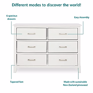 Dream On Me Universal Double Dresser in White, Kids Bedroom Dresser, Six Drawers Dresser, Mid-Century Modern, Made of Solid, Sustainable Pinewood, Easy Assembly