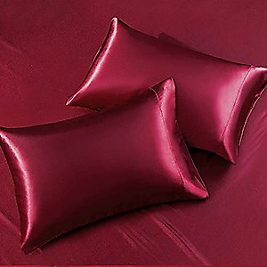 Thmyo Satin Bed Sheet Set,Extra Soft Deep Pocket Silky Satin Sheet Set with 1 Fitted Sheet +1 Flat Sheet + 2 Pillow Cases (4-Piece Wine red, Queen)