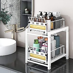 KOSIWU Under Sink Organizers and Storage, 2 Tier Kitchen Organizer and Storage with Sliding Drawer Pull Out Cabinet Organizer White Bathroom Countertop Organizer Undersink Organizer
