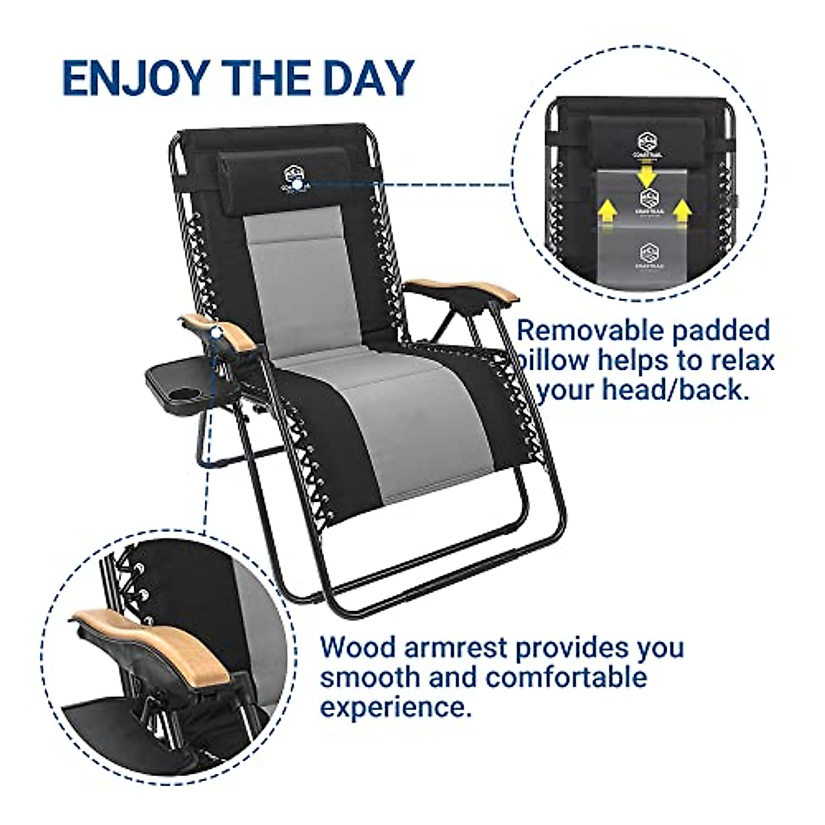 Coastrail Outdoor Zero Gravity Chair Wood Armrest XXL Camping Lounge Chair Patio Recliner Support 400lbs Padded Reclining Chair Folding Lawn Chair with Side Table