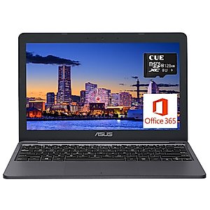 ASUS VivoBook E12 11.6" HD Portable Laptop, Intel Celeron N3350(Up to 2.4GHz), 4GB RAM, 64GB eMMc + 128GB CUE SD Card, 1-Year Microsoft 365l, HDMI, WiFi 5, Webcam, USB-A&C, Up to10 Hours Battery Life