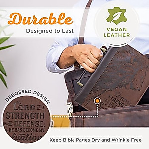 Christian Art Gifts Men's Classic Bible Cover The Lord is My Strength Lion Exodus 15:2, Brown Faux Leather, Large
