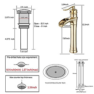 Brushed Gold Bathroom Faucet GGStudy Waterfall Bathroom Faucet Single Handle One Hole Tall Body Farmhouse Bathroom Vessel Sink Faucet Vanity Faucet Matching with Pop Up Drain