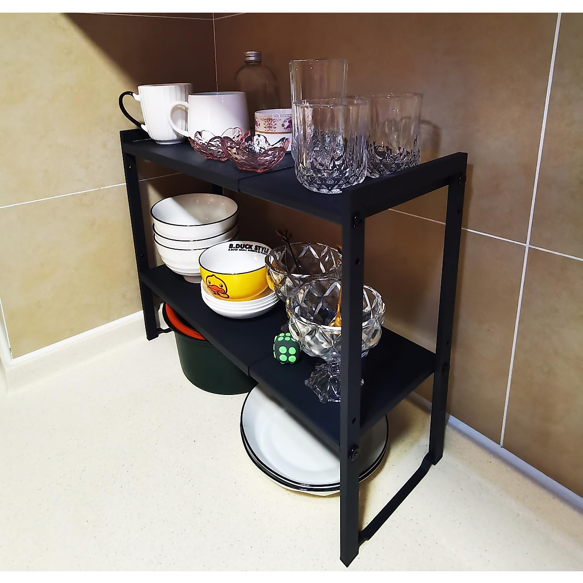 Urhomey plus 2 Tier Expandable Cabinet Shelf Organizer Bathroom Kitchen Counter Shelf 35LBS Sink Shelf Riser Countertop Storage Black