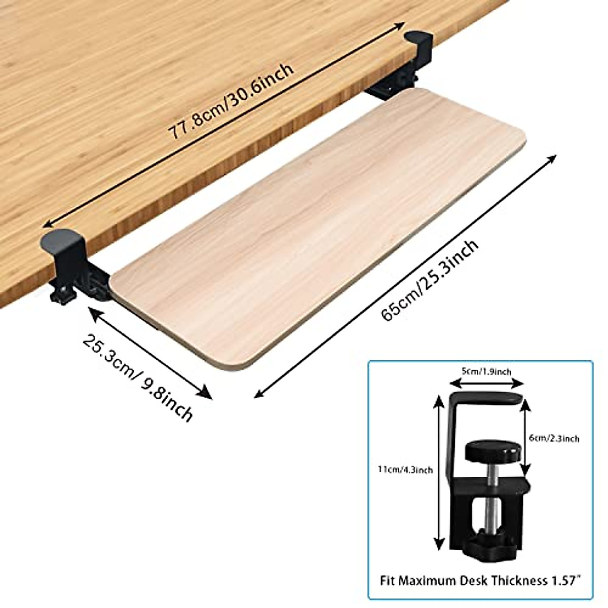BOWEN EZ Keyboard Tray Under Desk, Slide-Out Keyboard Drawer Keyboard Platform, Clamp-On Mouse Keyboard Sliding Tray Computer Desk Extender for Typing Workstation, 25.3" W x 9.8" D