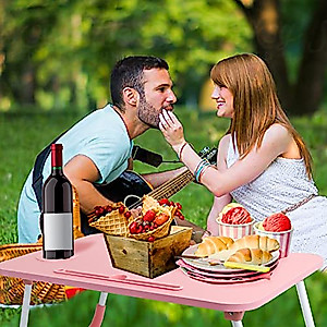 Laptop Bed Table, Foldable Laptop Desk Bed Tray with Storage Drawer, Lap Desk TV Tray for Breakfast Serving, Notebook Stand Reading Holder with Phone Slot and Cup Holder for Sofa Couch Floor-Pink