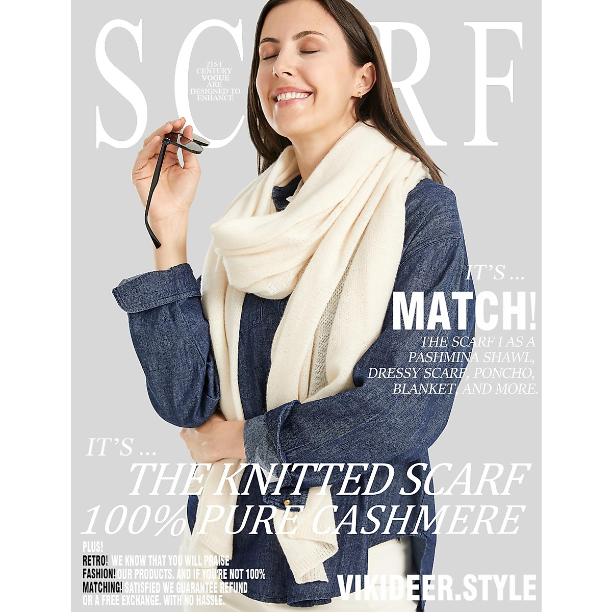 VIKIDEER 100% Cashmere Scarf Knitted Wrap Shawl Extra Large Long Scarf Stole for Women Wayfarer Travel White