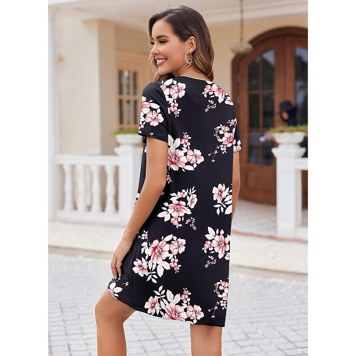 Ekouaer Women's Nightgown Button Down Nightshirt Short Sleeve Sleepshirt Soft V Neck Sleepwear Pajama Dress Navy Floral XL